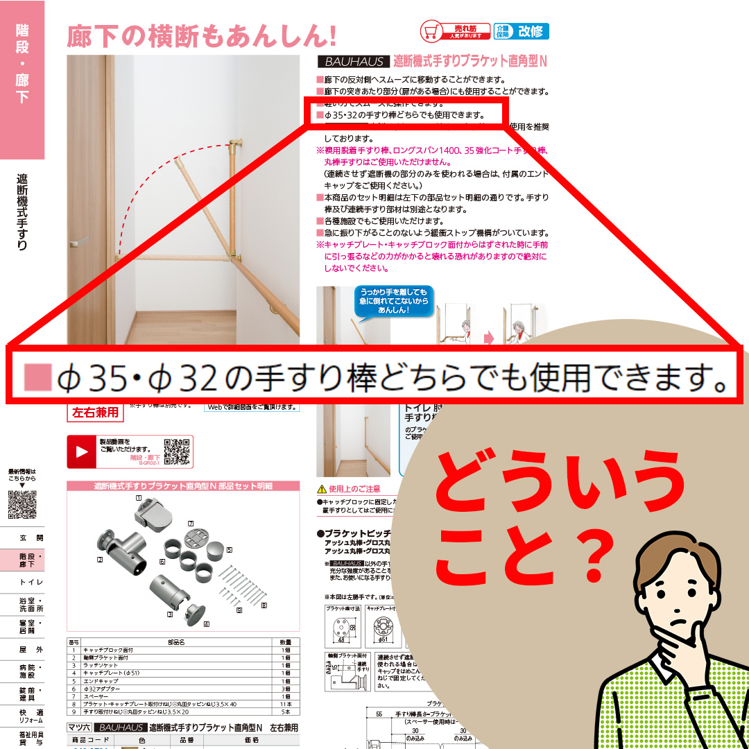 遮断機式手すりブラケット直角型N（BF-24）がφ35・φ32兼用で使用できるというのはどういう意味ですか。 – マツ六株式会社FAQサイト